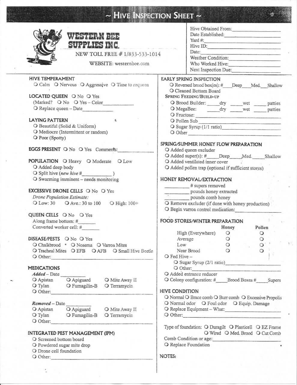 Hive Inspection Sheets - Western Bee Supplies, Inc.